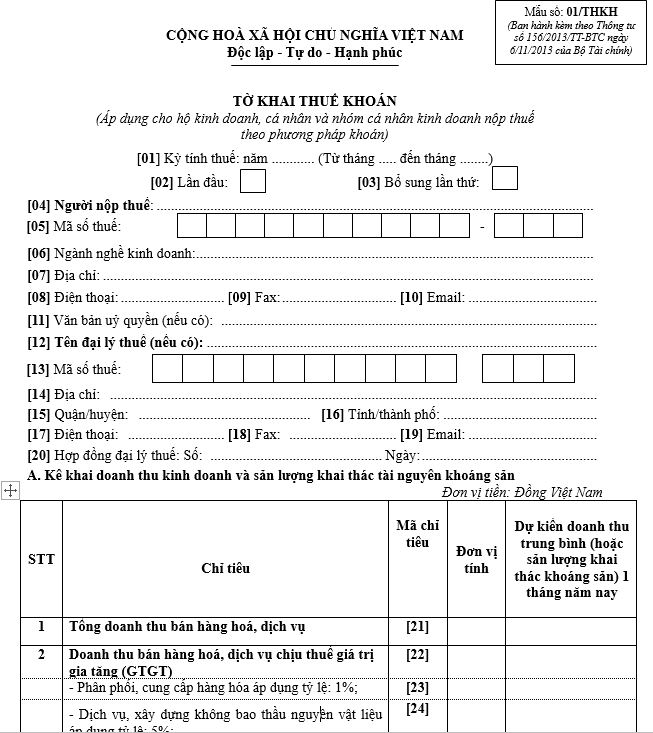 Mẫu số 01/THKH: Tờ khai thuế khoán dành cho hộ kinh doanh, cá nhân kinh doanh 2024